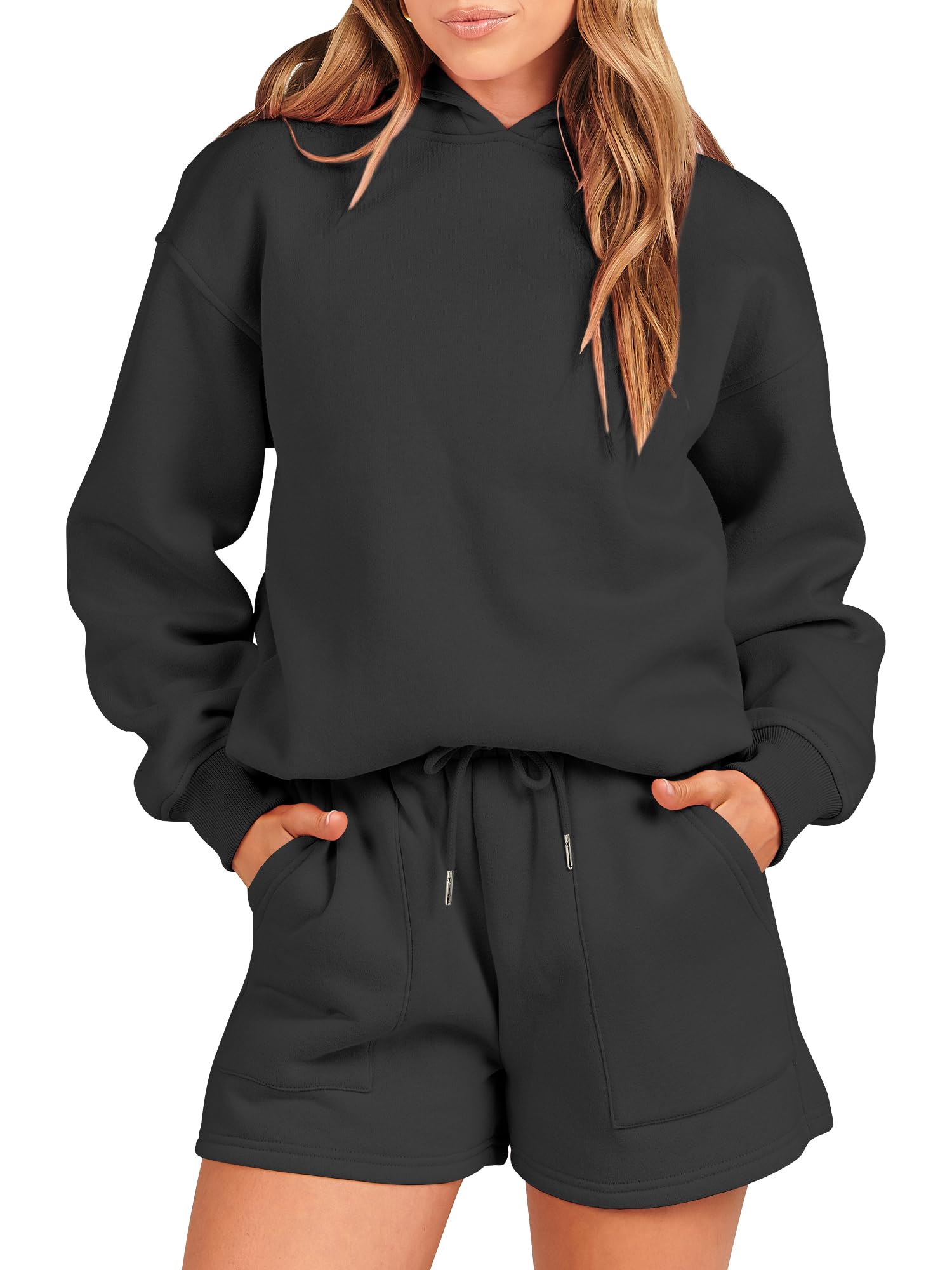 Prinbara Womens Two Piece Outfits Lounge Sets Y2k Hoodie Long Sleeve Sweatshirt and Shorts Set Fall Tracksuit Sweatsuits Matching Set Fashion 2023 Black 1PA046-heise-M