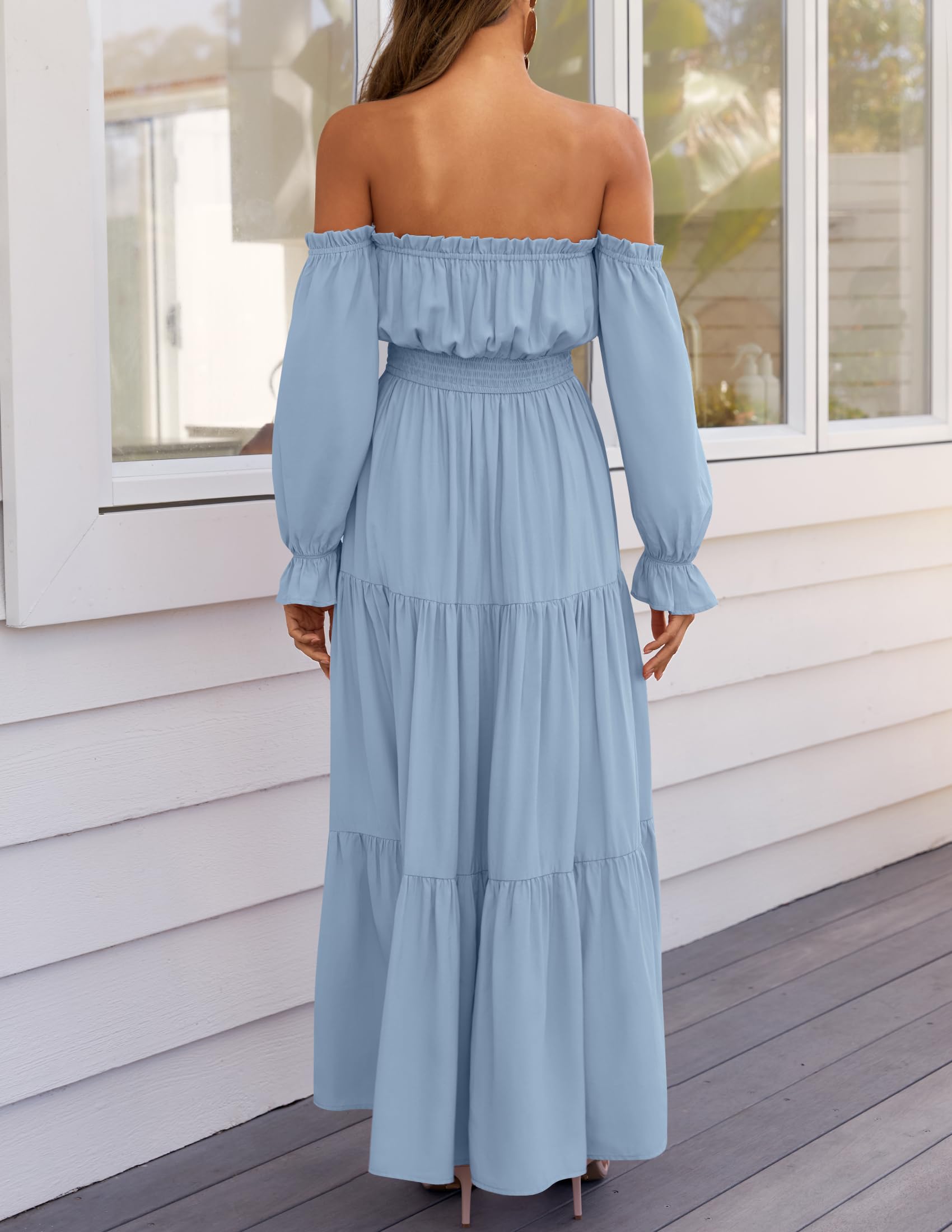 ZESICA Women's 2025 Boho Sexy Off Shoulder Long Sleeve Smocked High Waist Side Split Flowy A Line Tiered Long Maxi Dress,LightBlue,Medium