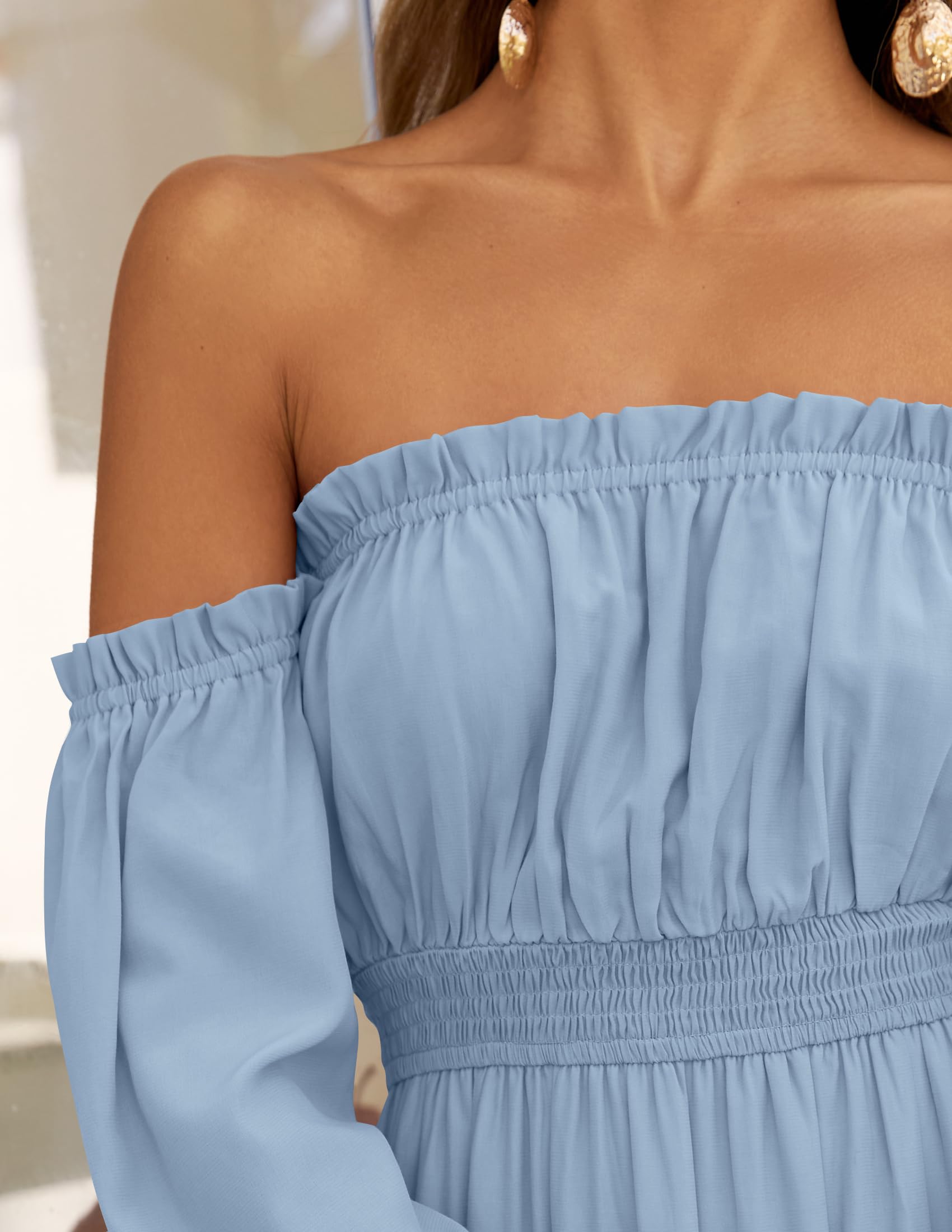 ZESICA Women's 2025 Boho Sexy Off Shoulder Long Sleeve Smocked High Waist Side Split Flowy A Line Tiered Long Maxi Dress,LightBlue,Medium