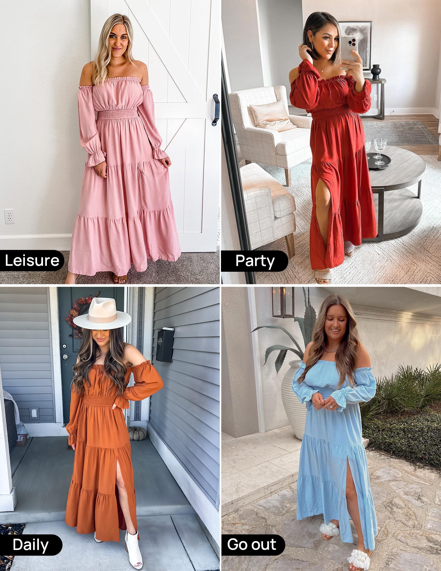 ZESICA Women's 2025 Boho Sexy Off Shoulder Long Sleeve Smocked High Waist Side Split Flowy A Line Tiered Long Maxi Dress,LightBlue,Medium