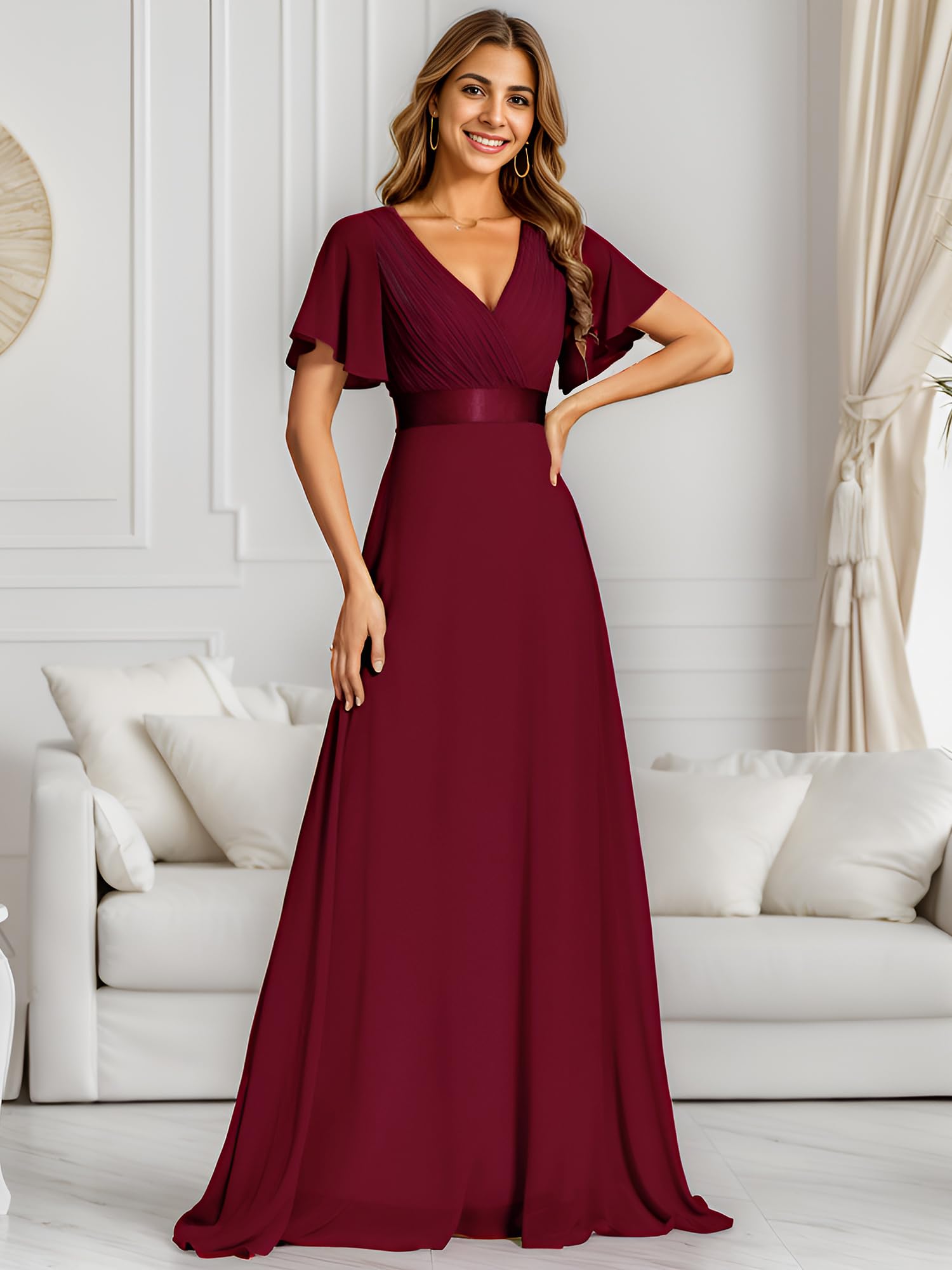 Ever-Pretty Women's Classic Chiffon Short Sleeve Pleated V-Neck Floor Length Bridesmaid Dresses Burgundy US14