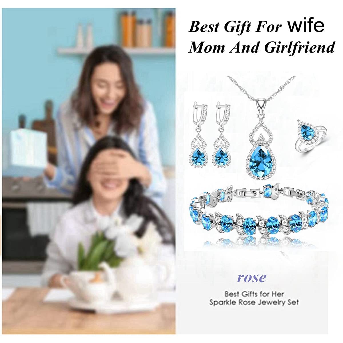 LMXXVJ Sky Blue Crystal Necklace Earrings Bracelet Adjustable Ring Set for Women White Gold Plated Wedding Party Jewelry Sets with Water Drop Shaped Stone