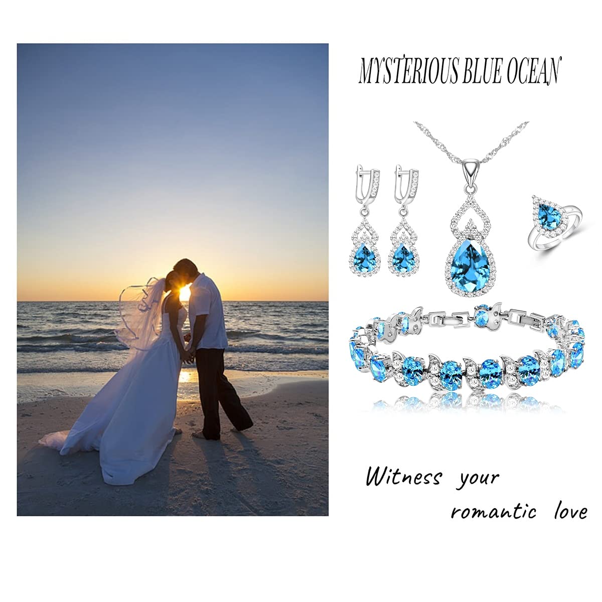 LMXXVJ Sky Blue Crystal Necklace Earrings Bracelet Adjustable Ring Set for Women White Gold Plated Wedding Party Jewelry Sets with Water Drop Shaped Stone