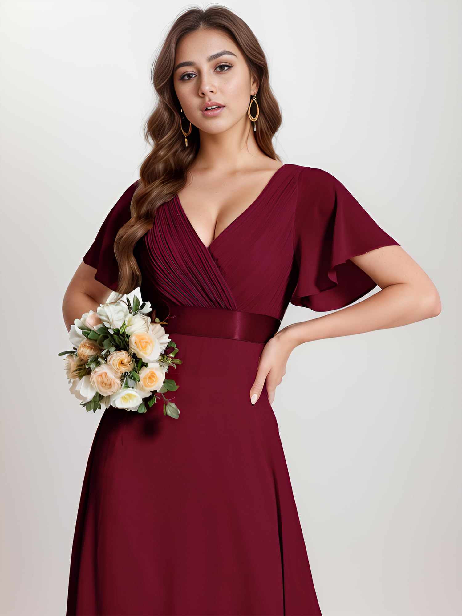 Ever-Pretty Women's Classic Chiffon Short Sleeve Pleated V-Neck Floor Length Bridesmaid Dresses Burgundy US14