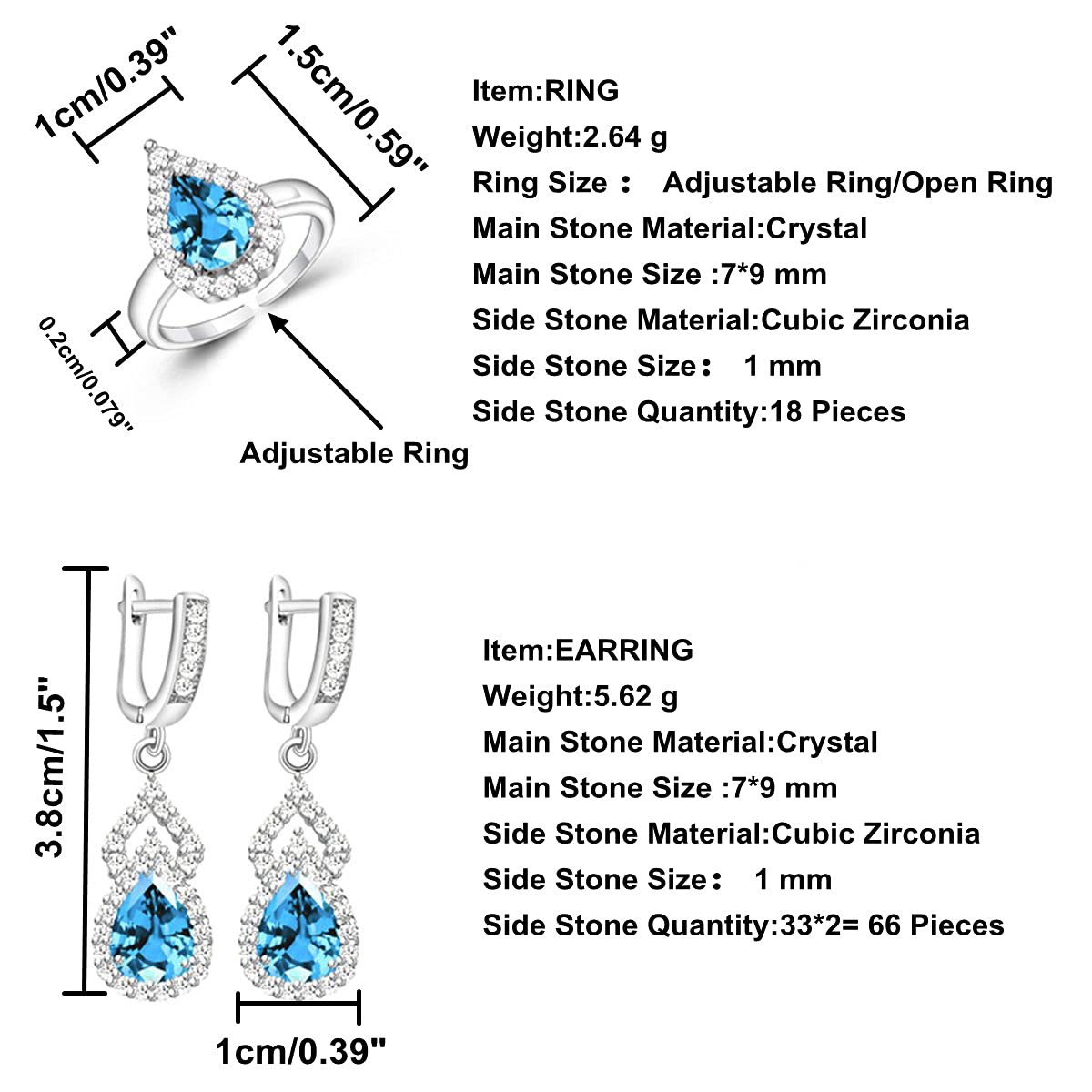 LMXXVJ Sky Blue Crystal Necklace Earrings Bracelet Adjustable Ring Set for Women White Gold Plated Wedding Party Jewelry Sets with Water Drop Shaped Stone