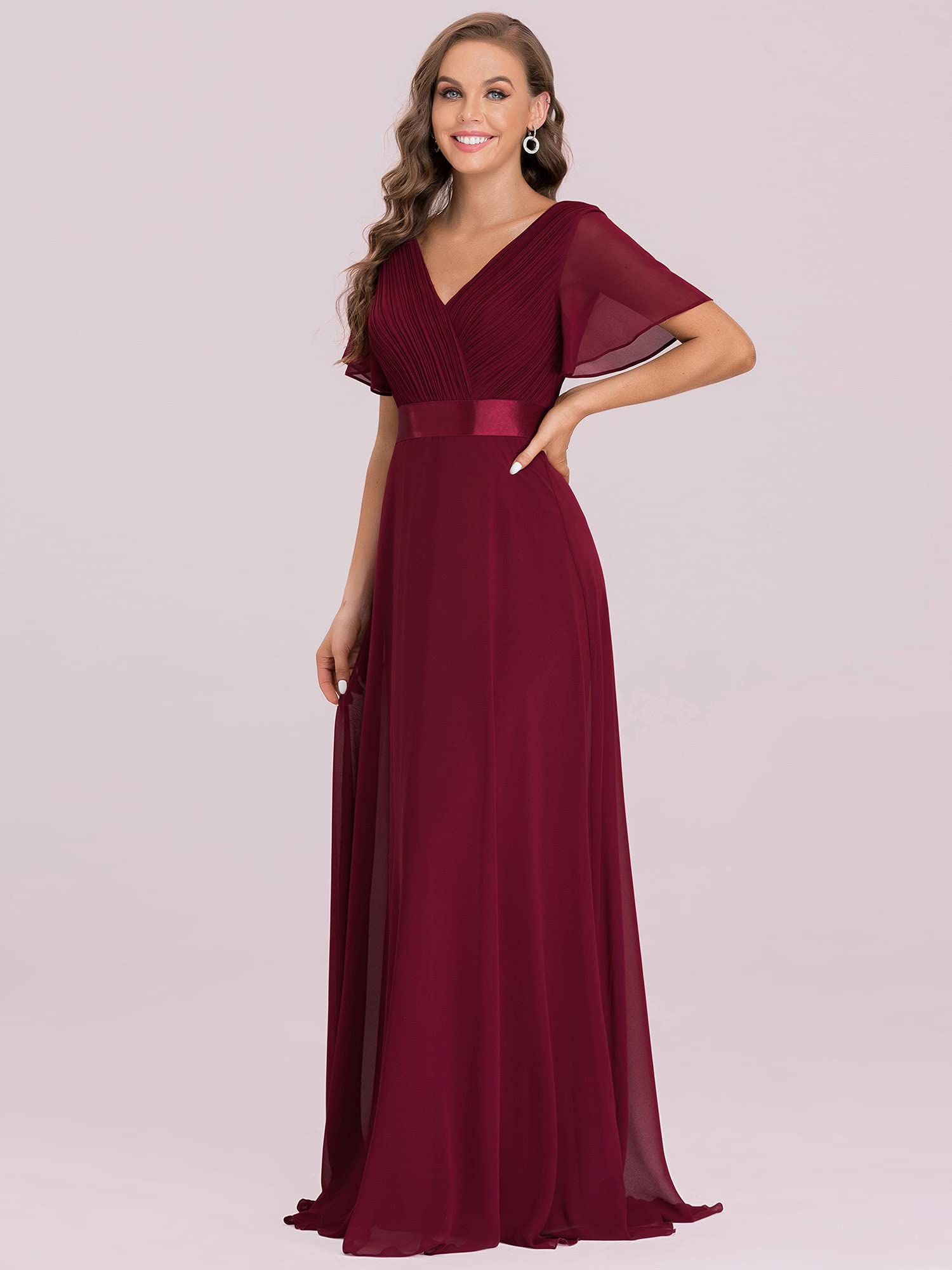 Ever-Pretty Women's Classic Chiffon Short Sleeve Pleated V-Neck Floor Length Bridesmaid Dresses Burgundy US14