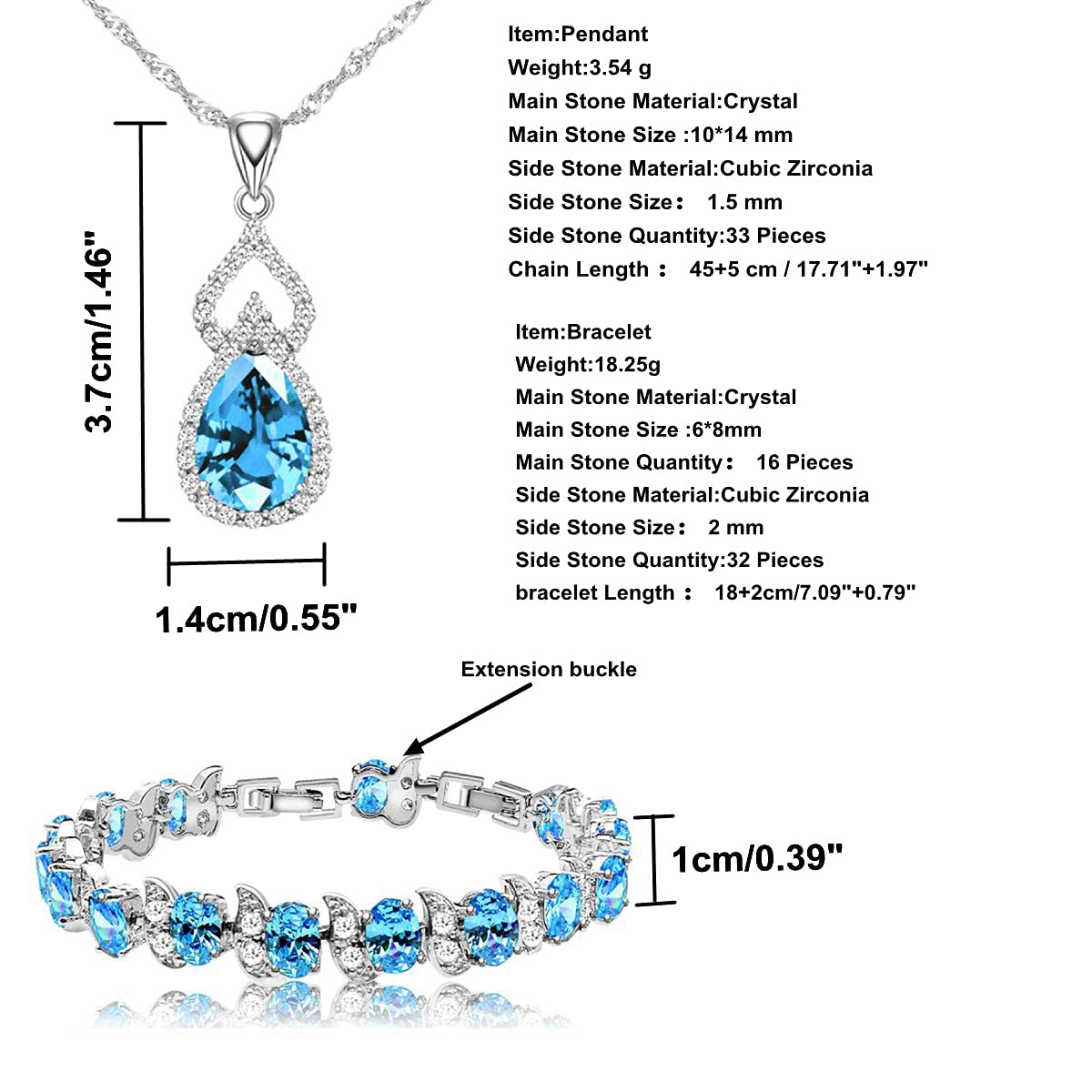LMXXVJ Sky Blue Crystal Necklace Earrings Bracelet Adjustable Ring Set for Women White Gold Plated Wedding Party Jewelry Sets with Water Drop Shaped Stone
