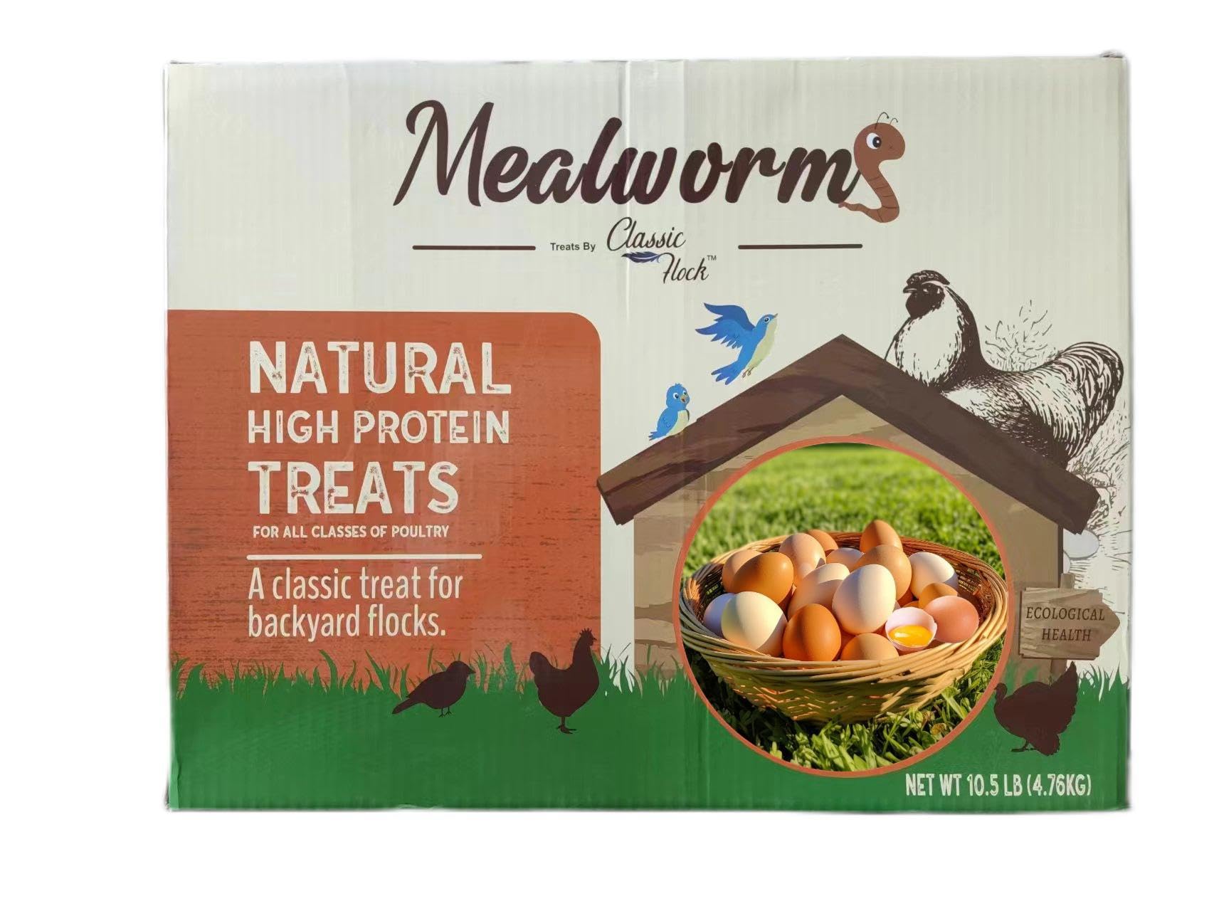 Classic Flock 10.5lb Mealworms - High Protein, Pure Natural, Delicious - Ideal for Chickens, Birds, Ducks, Lizards, Turtles, Fish, and Reptiles, 10lbs Meal Worms