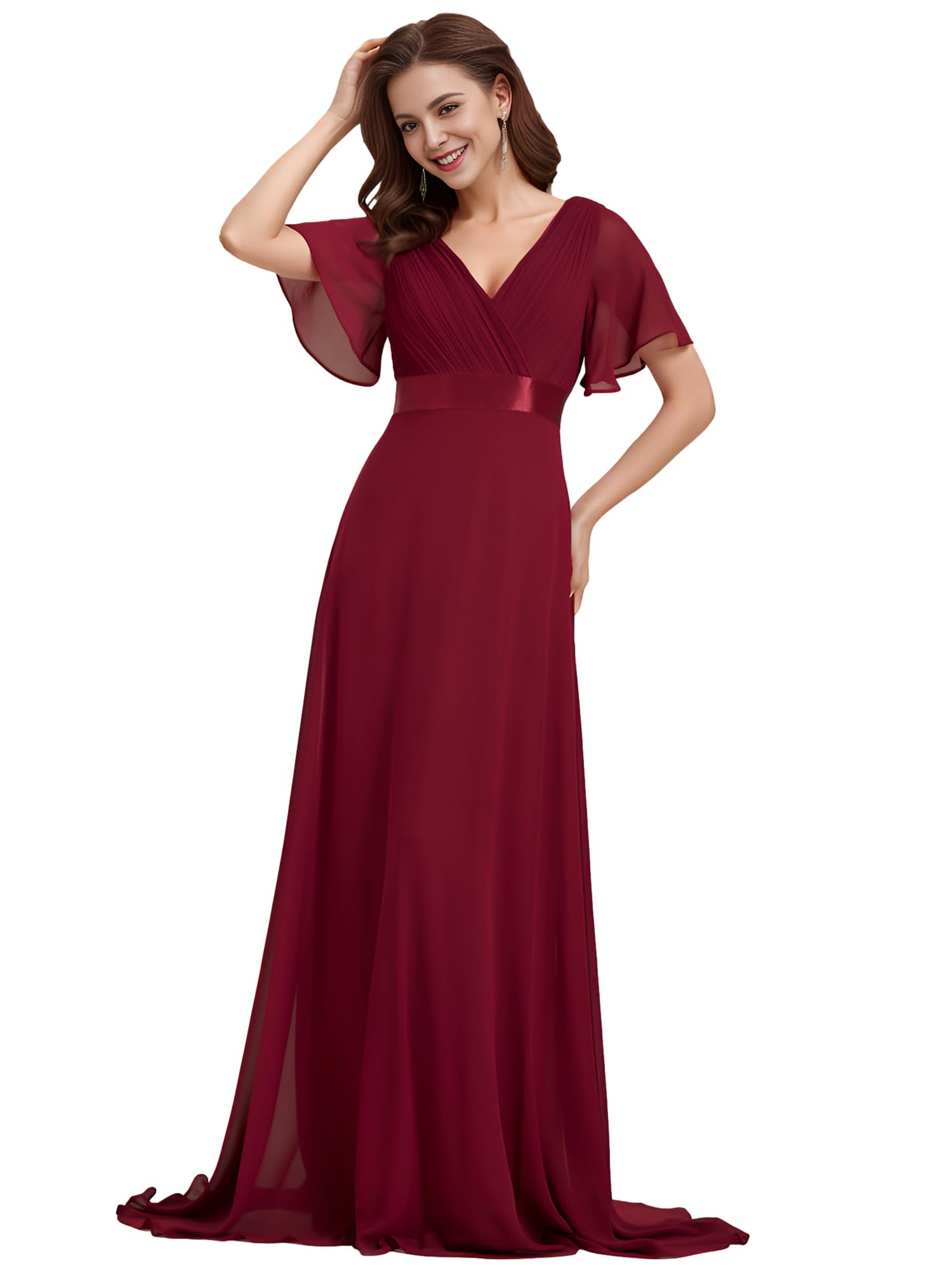 Ever-Pretty Women's Classic Chiffon Short Sleeve Pleated V-Neck Floor Length Bridesmaid Dresses Burgundy US14