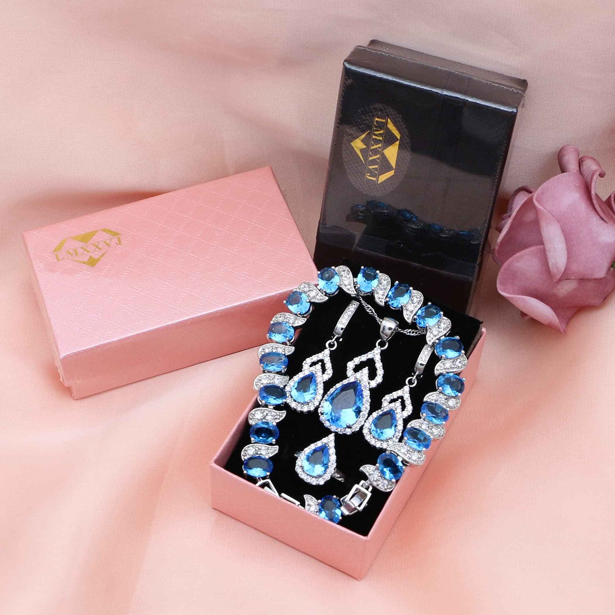 LMXXVJ Sky Blue Crystal Necklace Earrings Bracelet Adjustable Ring Set for Women White Gold Plated Wedding Party Jewelry Sets with Water Drop Shaped Stone