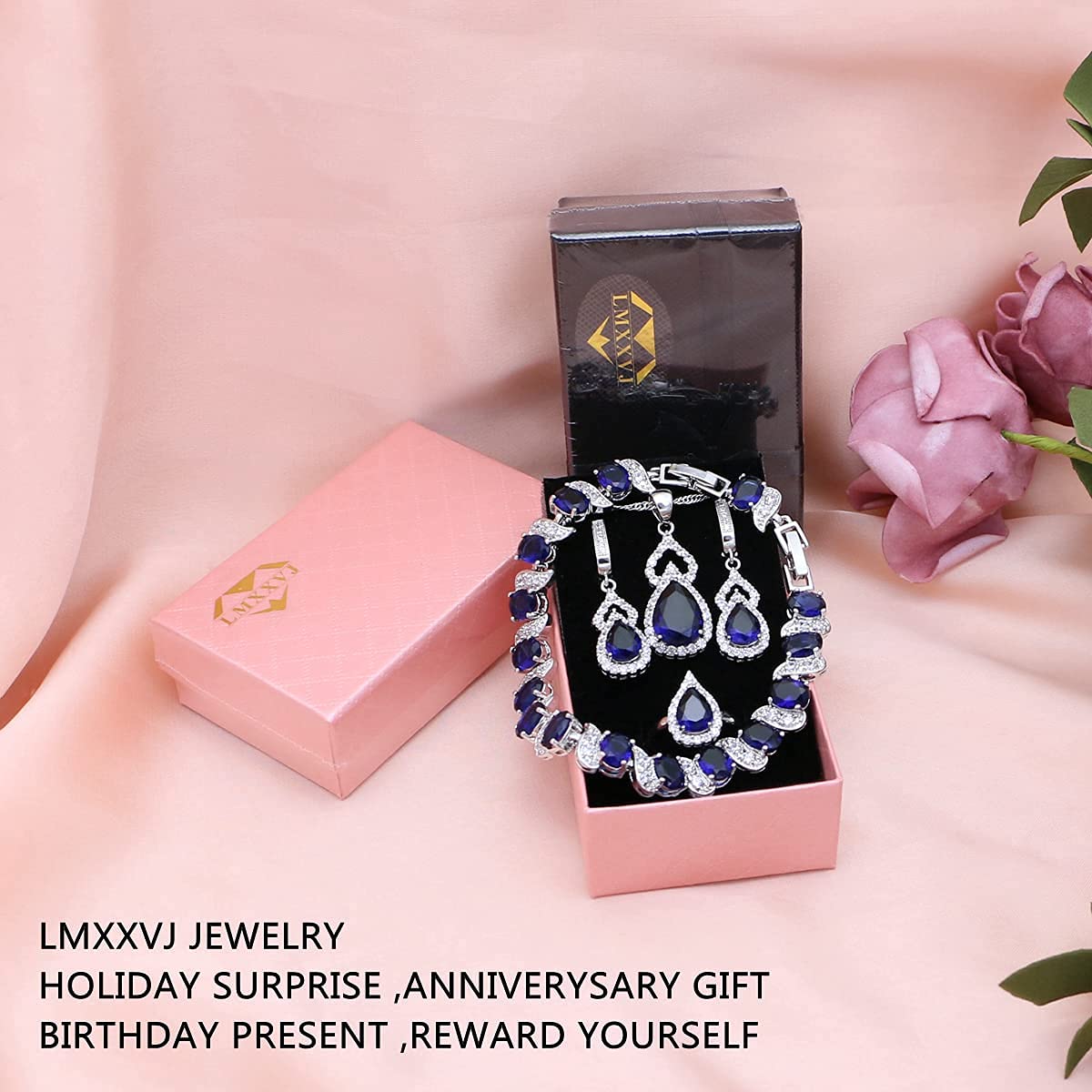 LMXXVJ Sky Blue Crystal Necklace Earrings Bracelet Adjustable Ring Set for Women White Gold Plated Wedding Party Jewelry Sets with Water Drop Shaped Stone