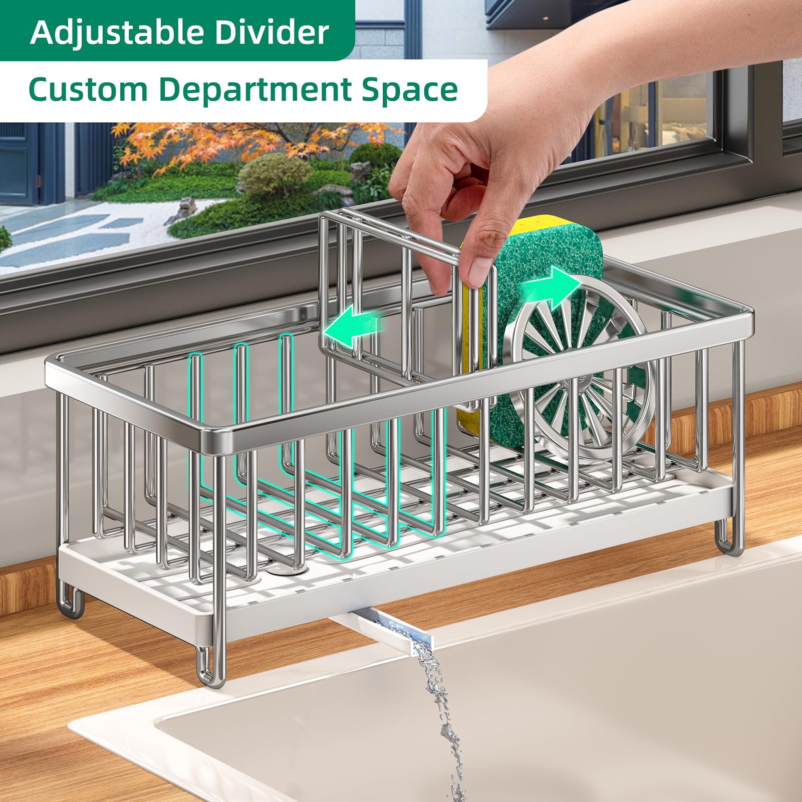 PETXPERT Kitchen Sink Caddy, Sponge Holder for Kitchen Sink, Dish Sponge Organizer with Divider, Rustproof 304 Stainless Steel Dish Brush Holder Storage for Bathroom, Silver