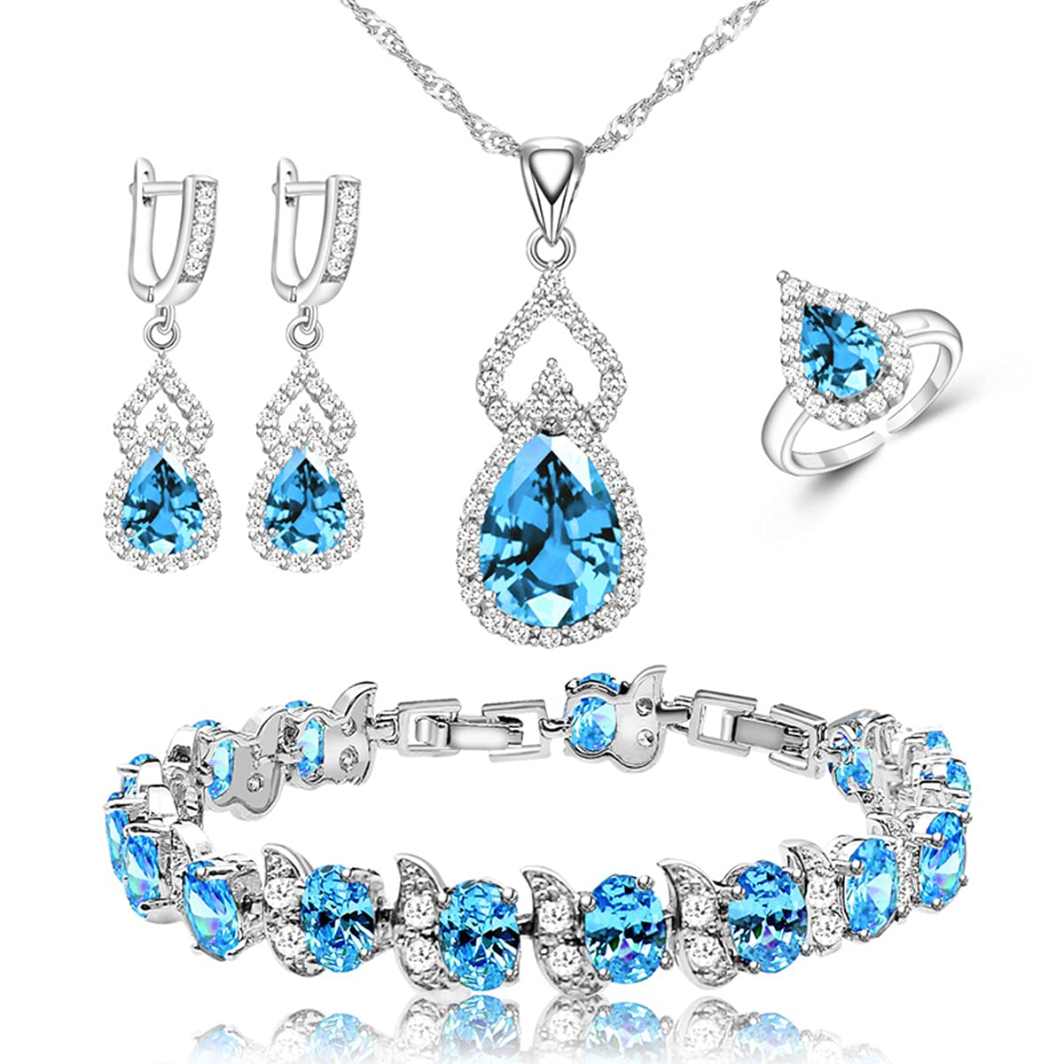 LMXXVJ Sky Blue Crystal Necklace Earrings Bracelet Adjustable Ring Set for Women White Gold Plated Wedding Party Jewelry Sets with Water Drop Shaped Stone