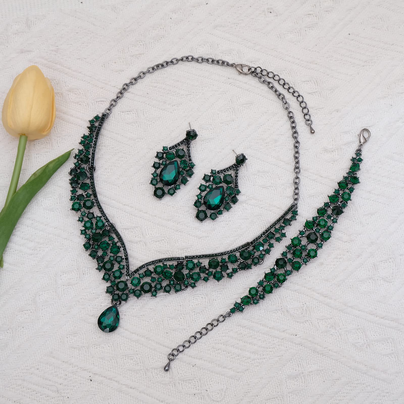 chaoyite Women's Statement Necklace Earrings Link Bracelet Set for Bride Austrian Crystal Wedding Bridal Costume Jewelry Sets (green crystal-black tone)