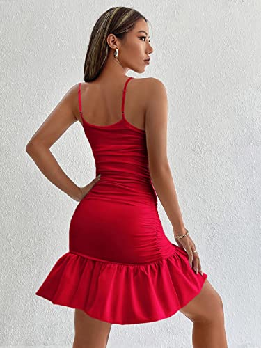 Floerns Women's Casual Spaghetti Strap Ruched Ruffle Hem Cami Short Dress Red Petite XS