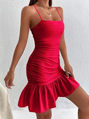 Floerns Women's Casual Spaghetti Strap Ruched Ruffle Hem Cami Short Dress Red Petite XS