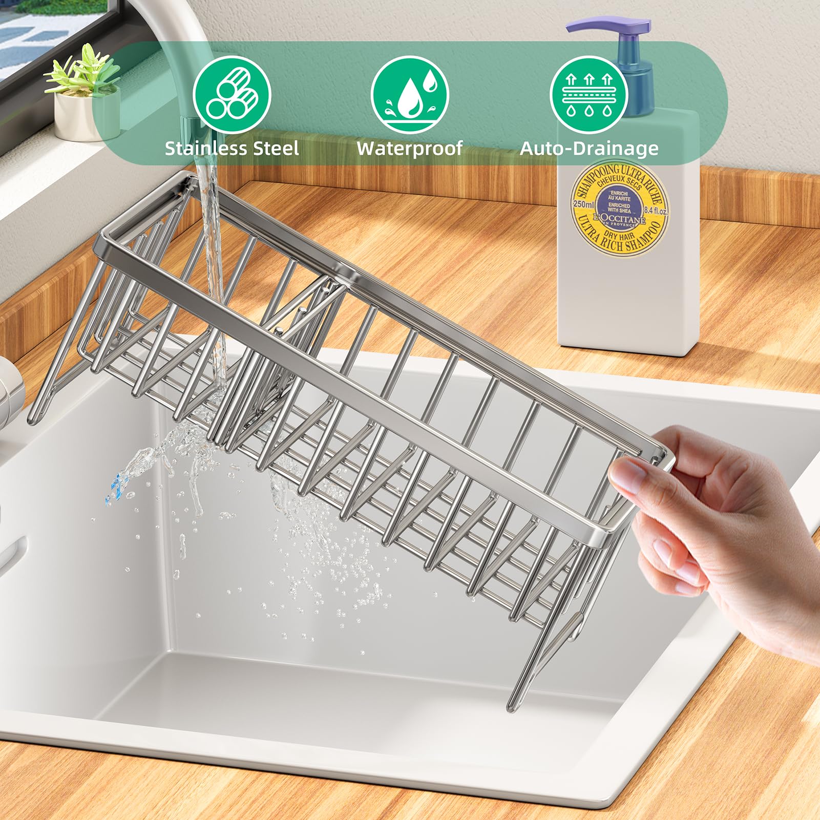PETXPERT Kitchen Sink Caddy, Sponge Holder for Kitchen Sink, Dish Sponge Organizer with Divider, Rustproof 304 Stainless Steel Dish Brush Holder Storage for Bathroom, Silver