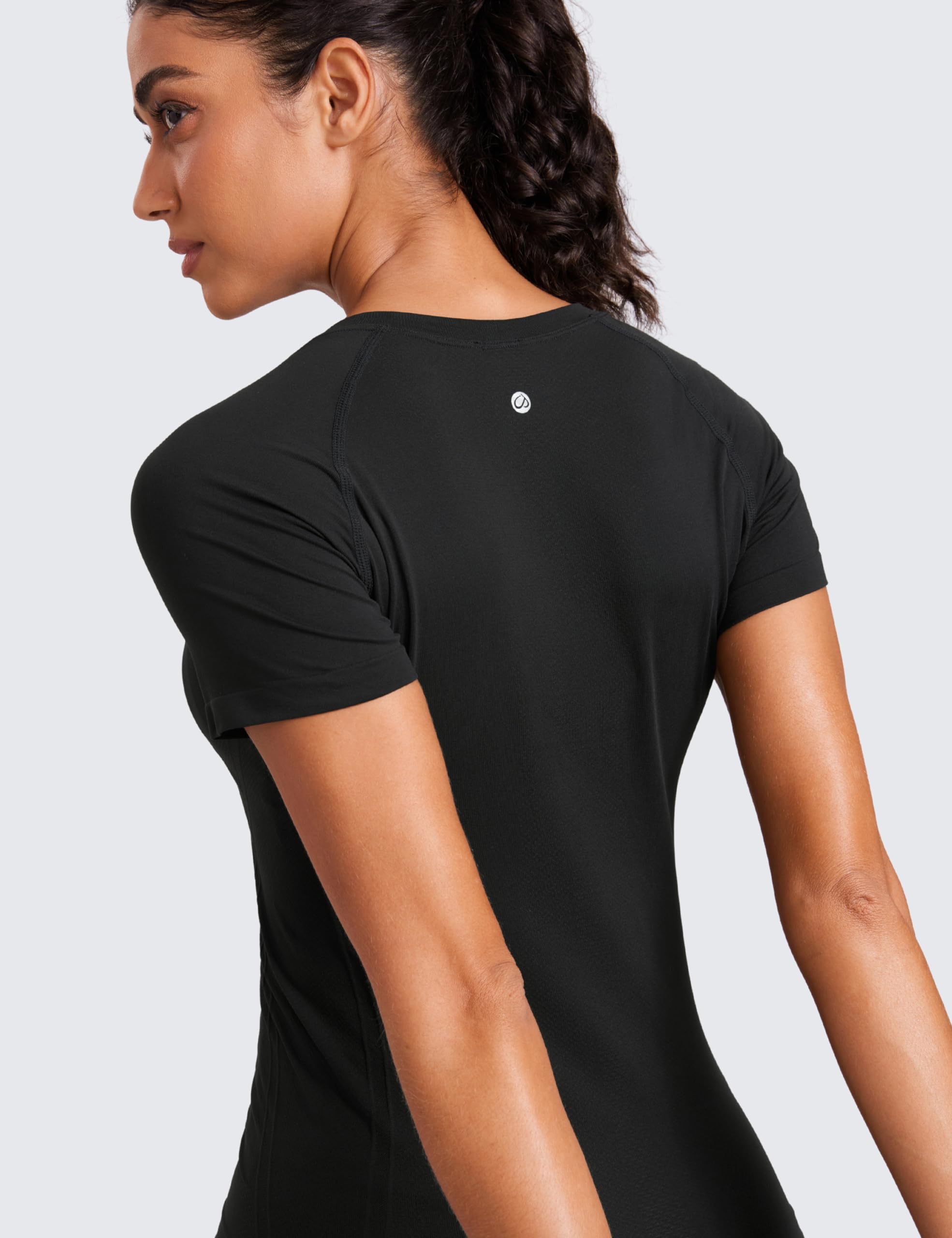 CRZ YOGA Seamless Workout Tops for Women Short Sleeve Athletic Tees Breathable Gym Running Yoga Shirts Black Medium