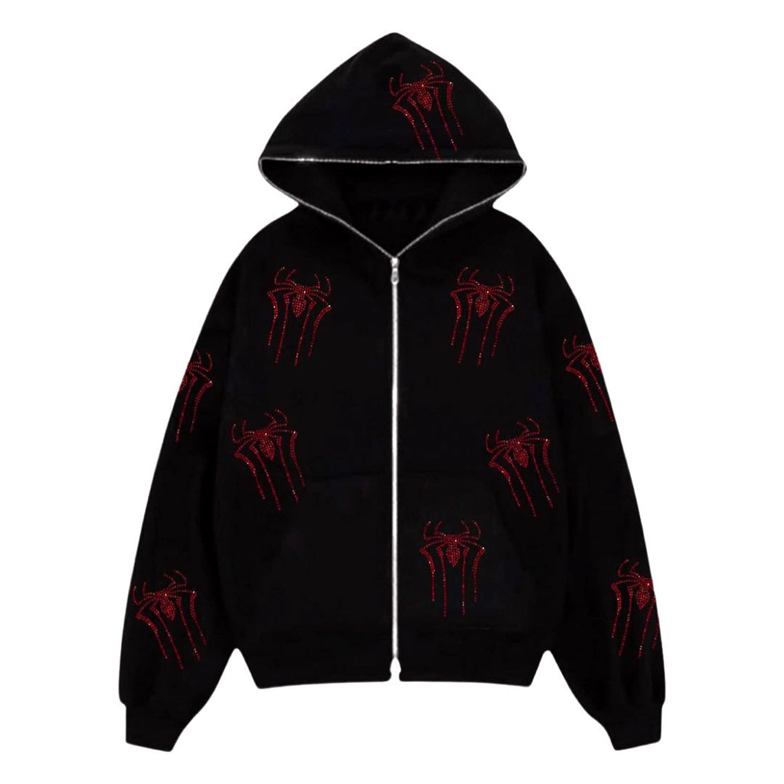 Kaipiclos Skeleton Hoodie Men Women Full Zip Up Hoodie Over Face Oversized Graphic Rhinestone Skull Streetwear Jacket (Black Red Spider, M)