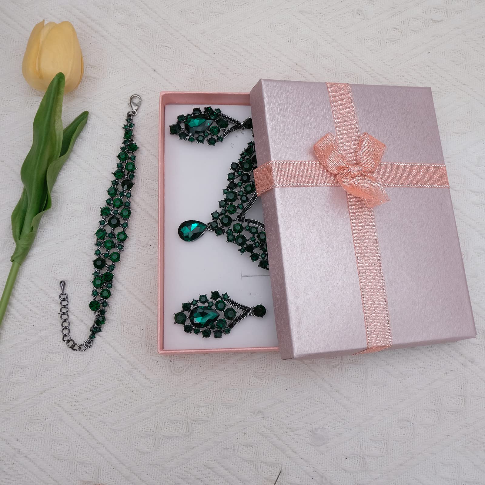 chaoyite Women's Statement Necklace Earrings Link Bracelet Set for Bride Austrian Crystal Wedding Bridal Costume Jewelry Sets (green crystal-black tone)