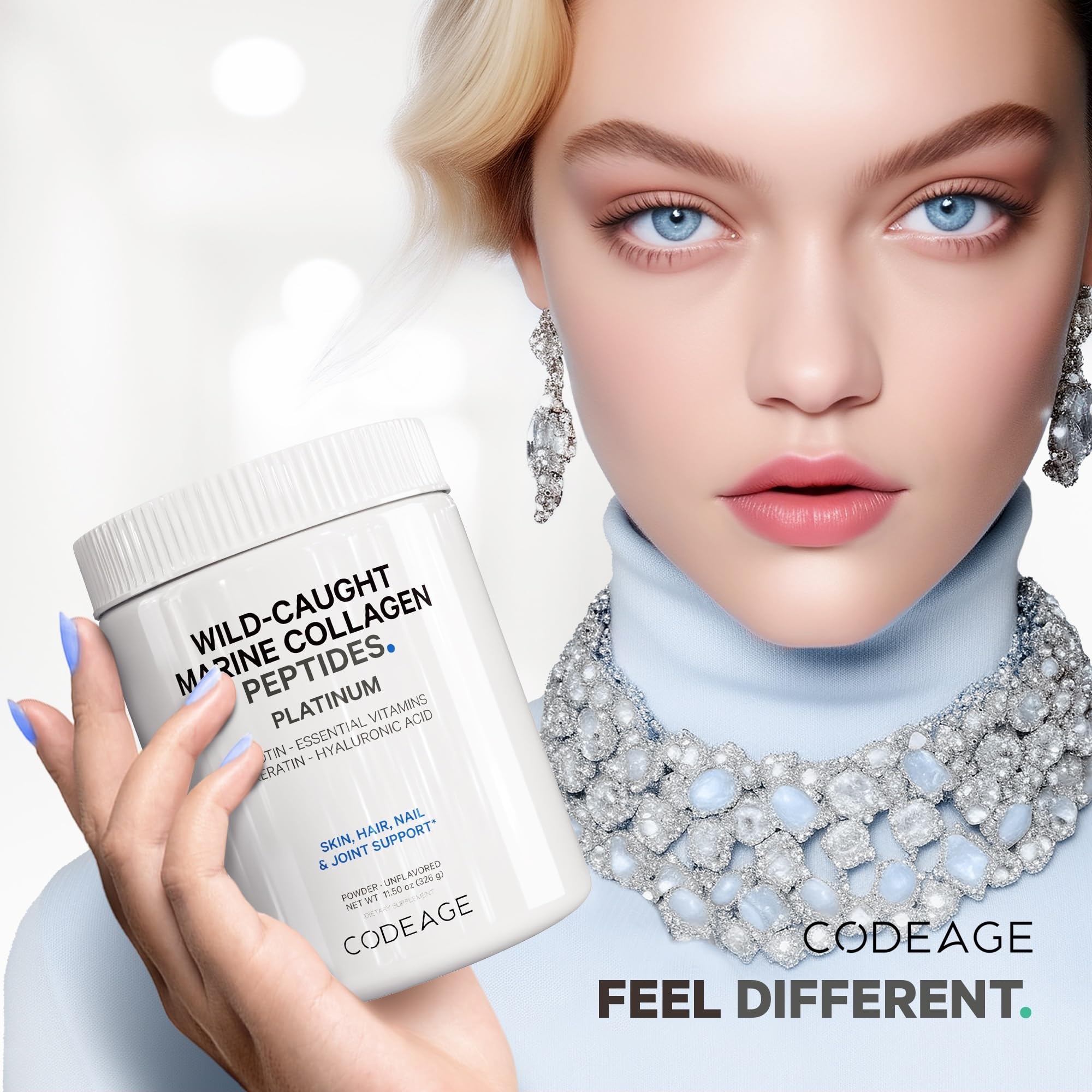 Codeage Marine Collagen Protein Powder Supplement Platinum - Biotin 10,000 mcg, Vitamin C, D3 & B6, Keratin, Hyaluronic Acid, Niacin, Wild Caught Hydrolyzed Fish Collagen Peptides - Non-GMO - 11.50 oz