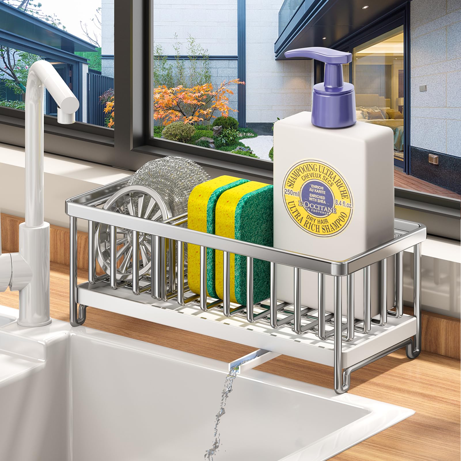 PETXPERT Kitchen Sink Caddy, Sponge Holder for Kitchen Sink, Dish Sponge Organizer with Divider, Rustproof 304 Stainless Steel Dish Brush Holder Storage for Bathroom, Silver