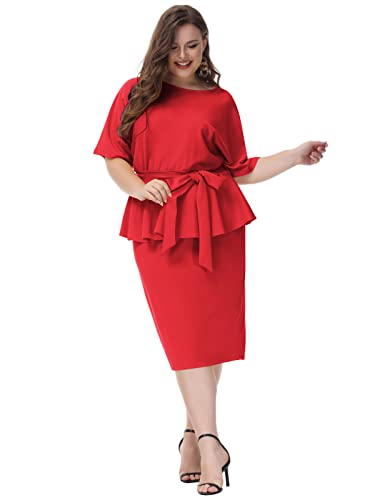 Hanna Nikole Peplum Dress for Women Plus Size Wedding Guest with Short Sleeves Sheath Dress Red 22 Plus