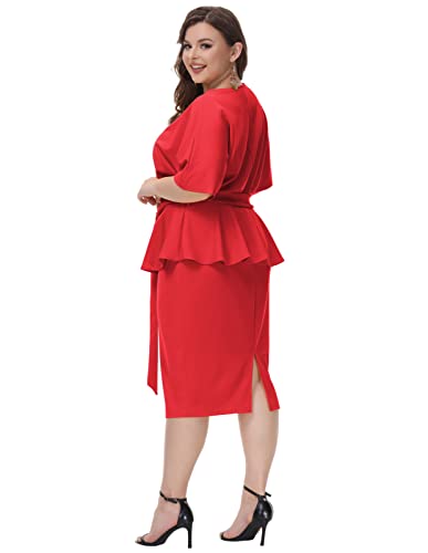 Hanna Nikole Peplum Dress for Women Plus Size Wedding Guest with Short Sleeves Sheath Dress Red 22 Plus