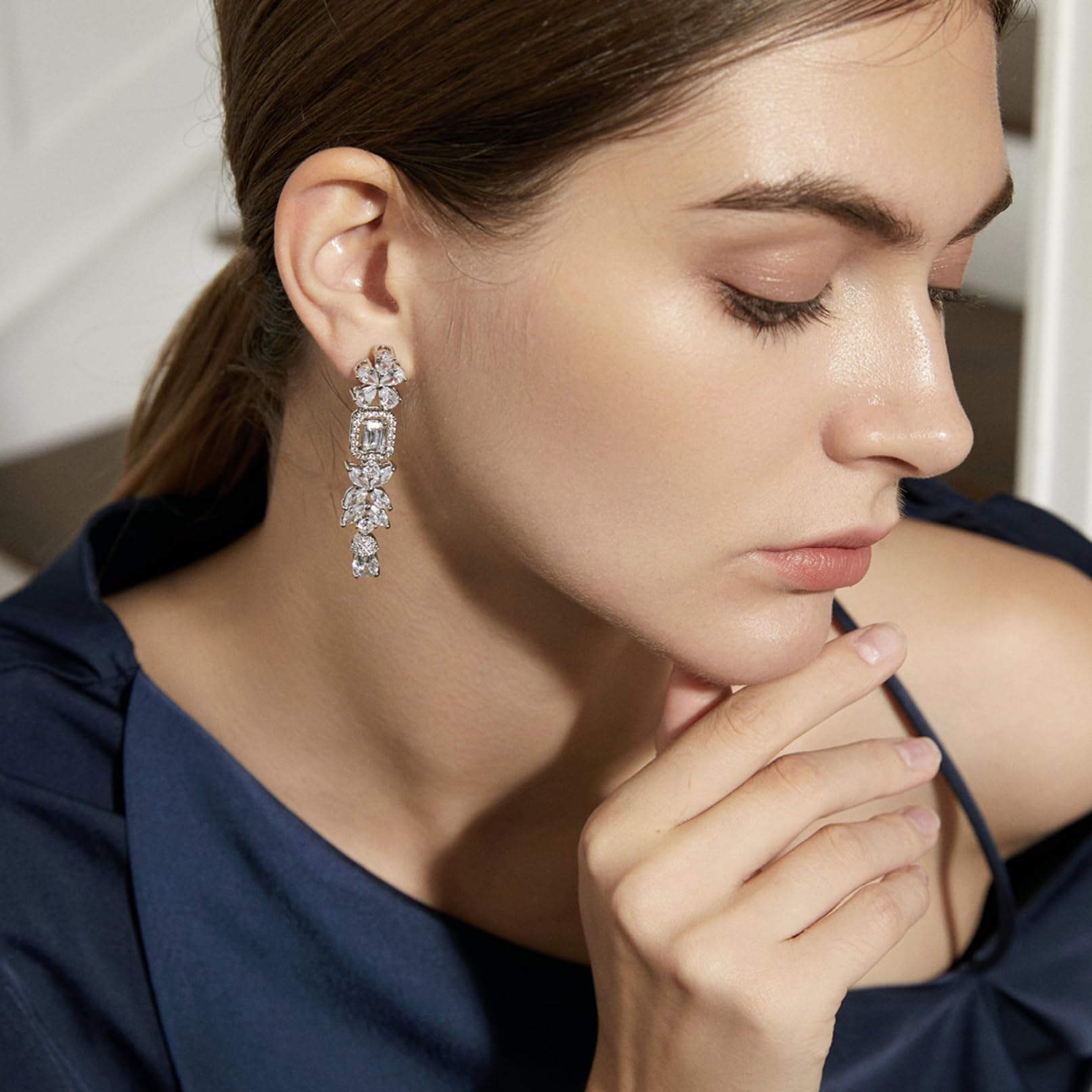White Gold Plated Rectangle Square Shaped Crystal Wedding Bridal Bridesmaid Clear Cubic Zirconia Stud Dangle Earrings Fashion Jewelry for Women