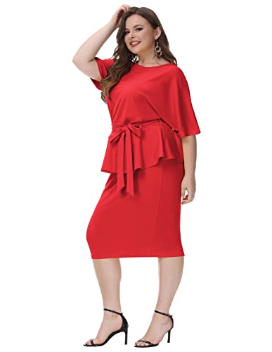 Hanna Nikole Peplum Dress for Women Plus Size Wedding Guest with Short Sleeves Sheath Dress Red 22 Plus