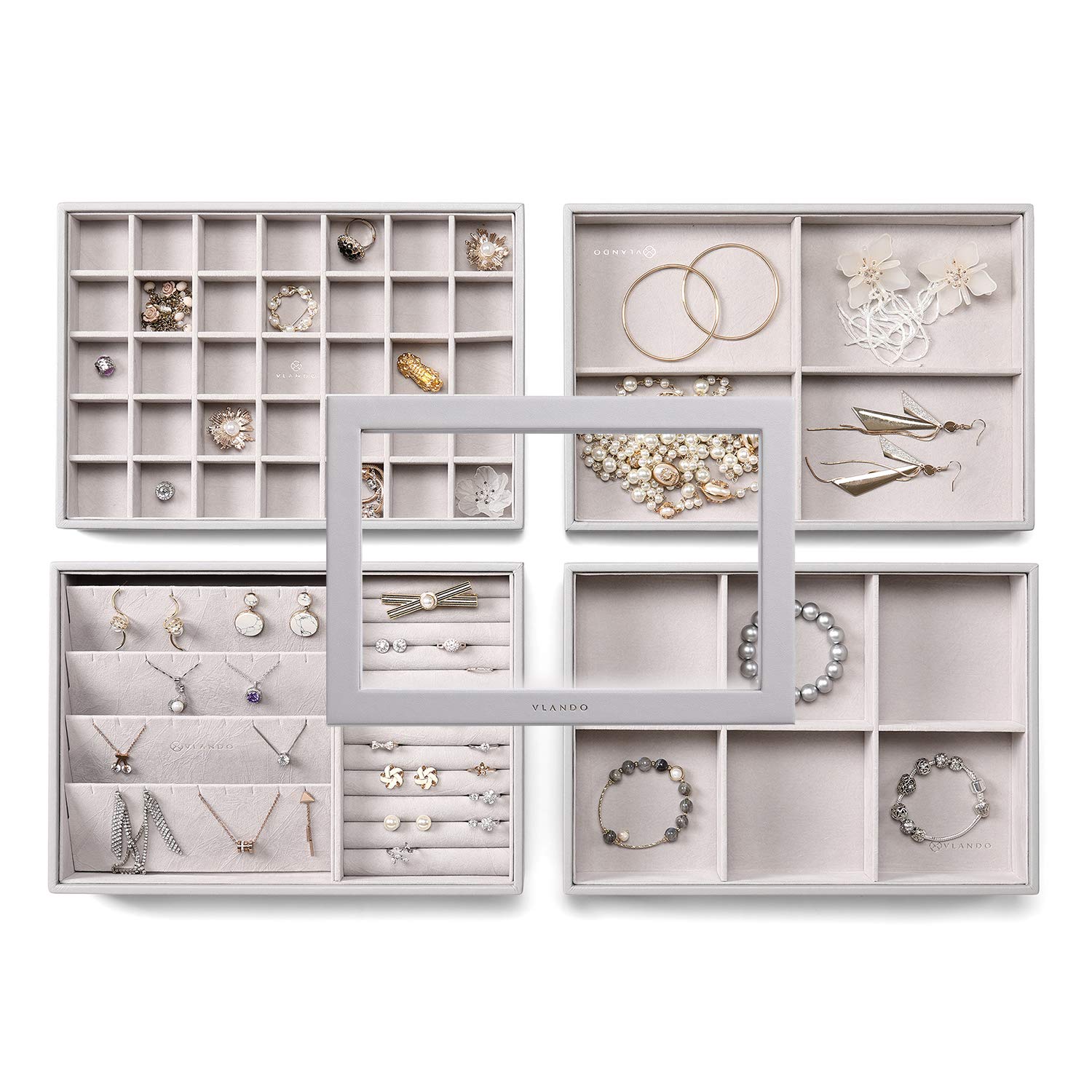 Vlando Jewelry Tray - Faux Leather Glass-top Jewelry Storage Organizer - Earring Necklace Bracelet Ring Display Desktop Drawer Chest, 4-Layer w/Clear Lid, Grey