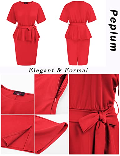 Hanna Nikole Peplum Dress for Women Plus Size Wedding Guest with Short Sleeves Sheath Dress Red 22 Plus