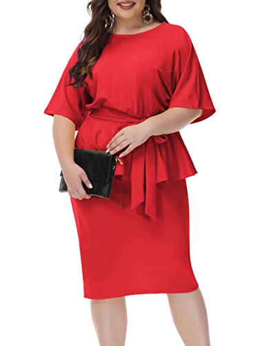Hanna Nikole Peplum Dress for Women Plus Size Wedding Guest with Short Sleeves Sheath Dress Red 22 Plus