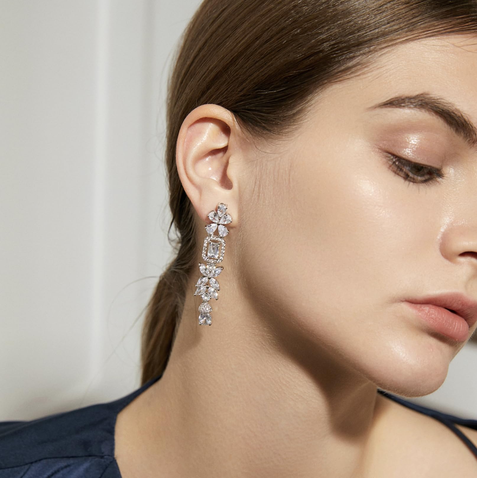 White Gold Plated Rectangle Square Shaped Crystal Wedding Bridal Bridesmaid Clear Cubic Zirconia Stud Dangle Earrings Fashion Jewelry for Women