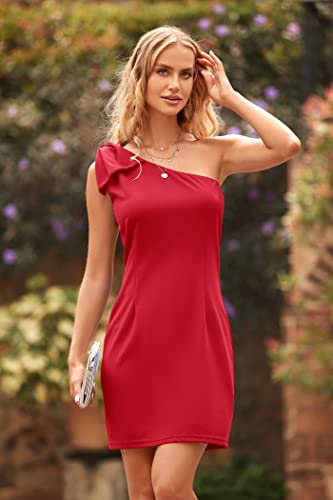 PRETTYGARDEN Women's 2024 Mini Bodycon Dress Bow One Shoulder Sleeveless Party Cocktail Short Fitted Dresses (Red,Small)