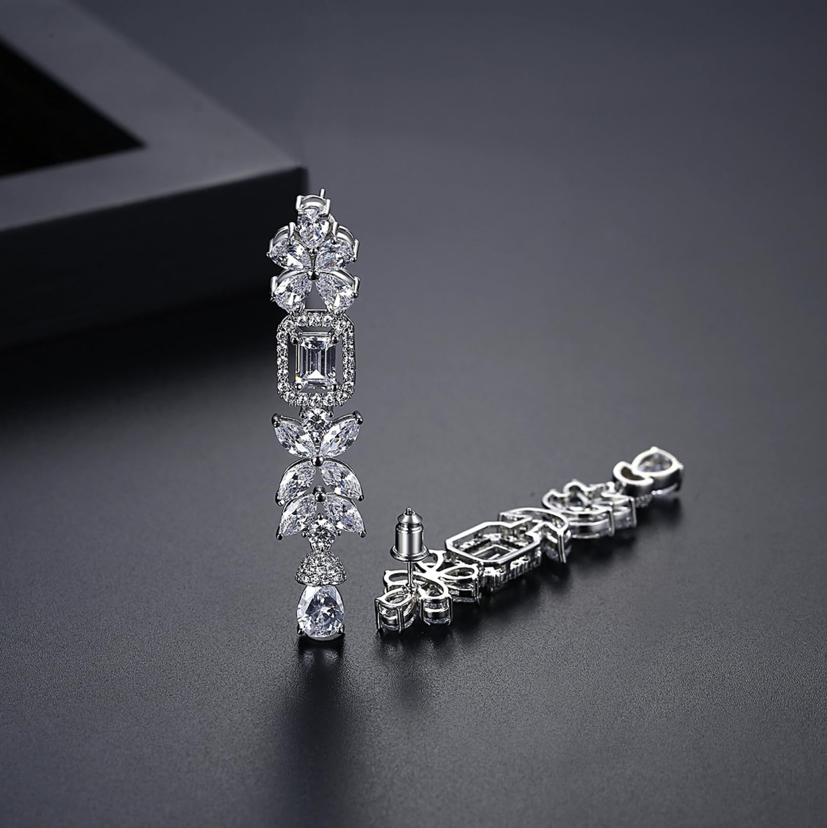 White Gold Plated Rectangle Square Shaped Crystal Wedding Bridal Bridesmaid Clear Cubic Zirconia Stud Dangle Earrings Fashion Jewelry for Women