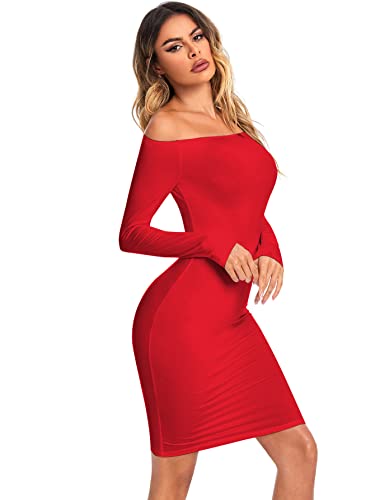 Verdusa Women's Basic Off Shoulder Long Sleeve Bodycon Short Dress Red S