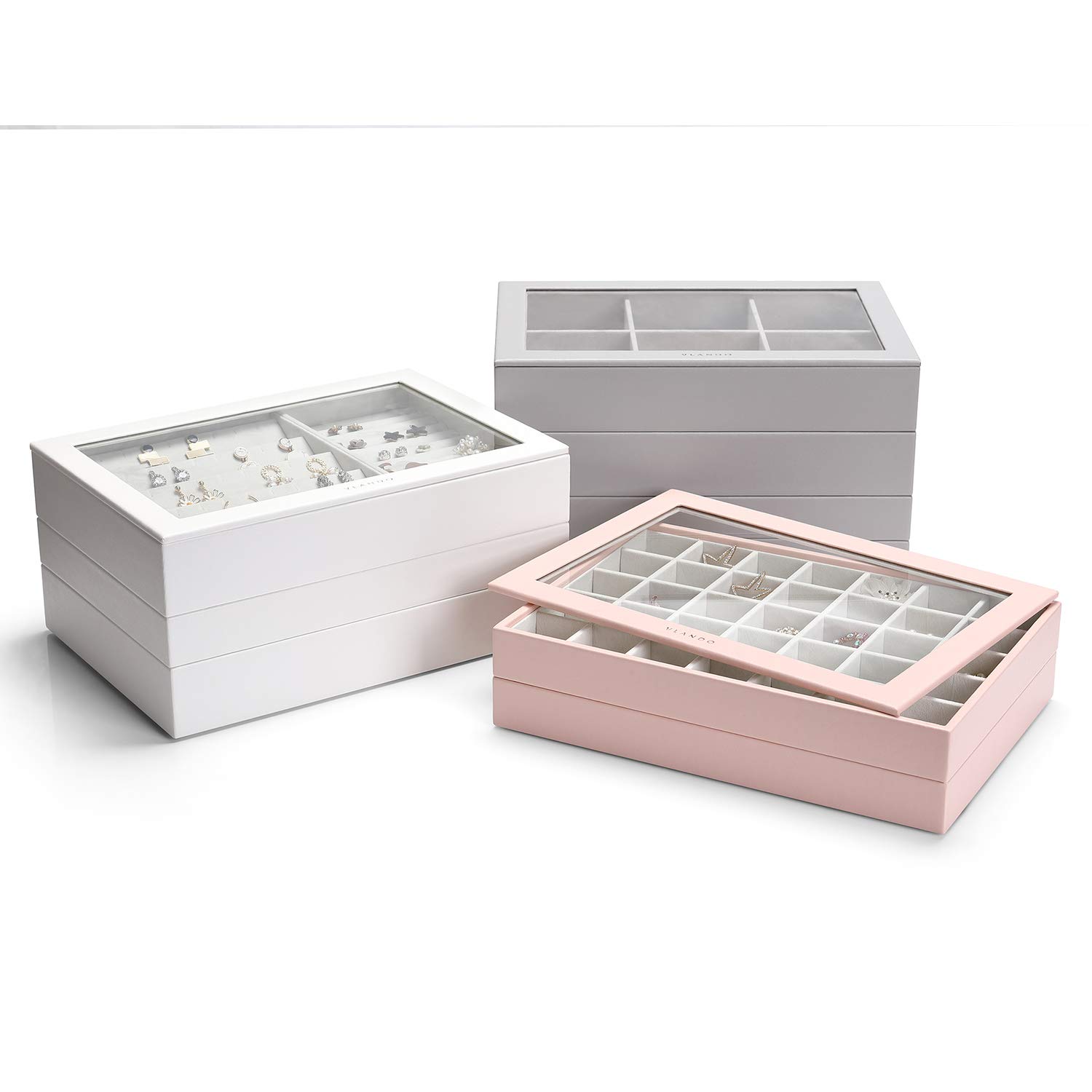 Vlando Jewelry Tray - Faux Leather Glass-top Jewelry Storage Organizer - Earring Necklace Bracelet Ring Display Desktop Drawer Chest, 4-Layer w/Clear Lid, Grey