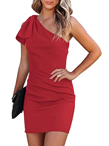 PRETTYGARDEN Women's 2024 Mini Bodycon Dress Bow One Shoulder Sleeveless Party Cocktail Short Fitted Dresses (Red,Small)
