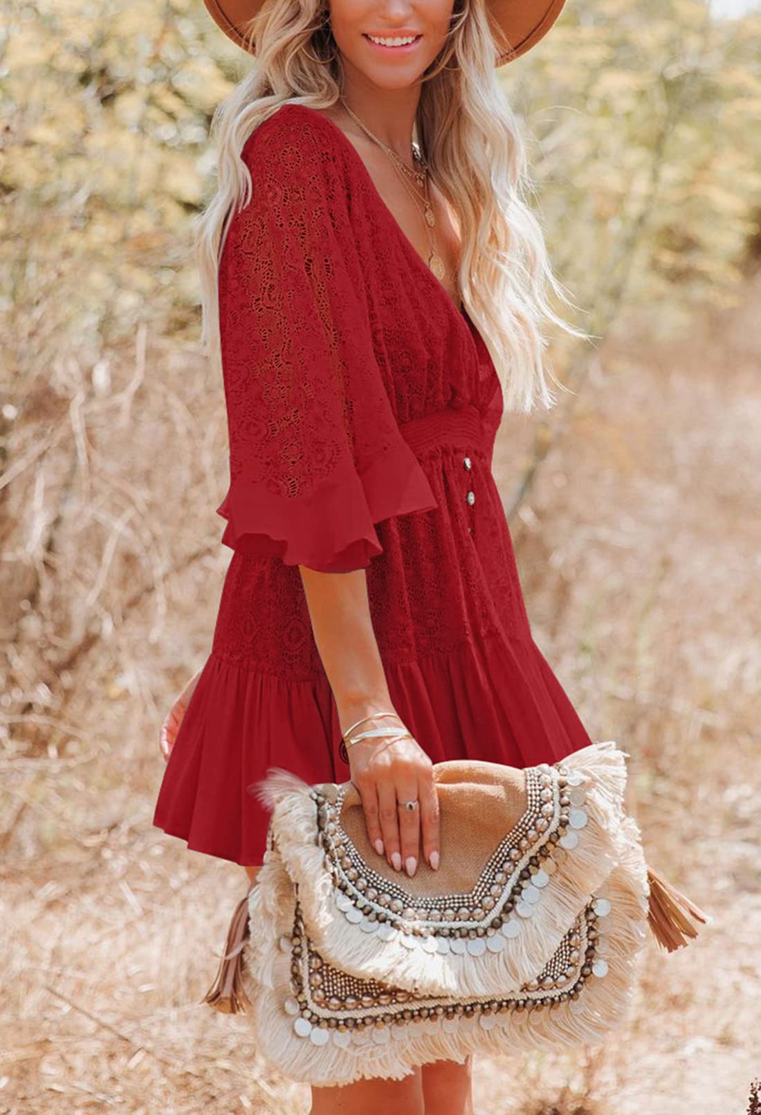 Fixmatti Womens Summer V-Neck Batwing Sleeve Backless Lace Mini Swing Skater Dress Red M
