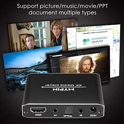 4K Media Player with Power Supply, Digital MP4 Player for 8TB HDD/USB Drive/TF Card/H.265 MP4 PPT MKV AVI Support HDMI/AV/Optical Out and USB Mouse/Keyboard-HDMI up to 7.1 Surround Sound (Black)