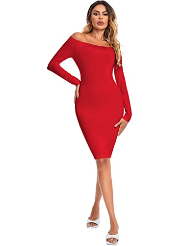 Verdusa Women's Basic Off Shoulder Long Sleeve Bodycon Short Dress Red S