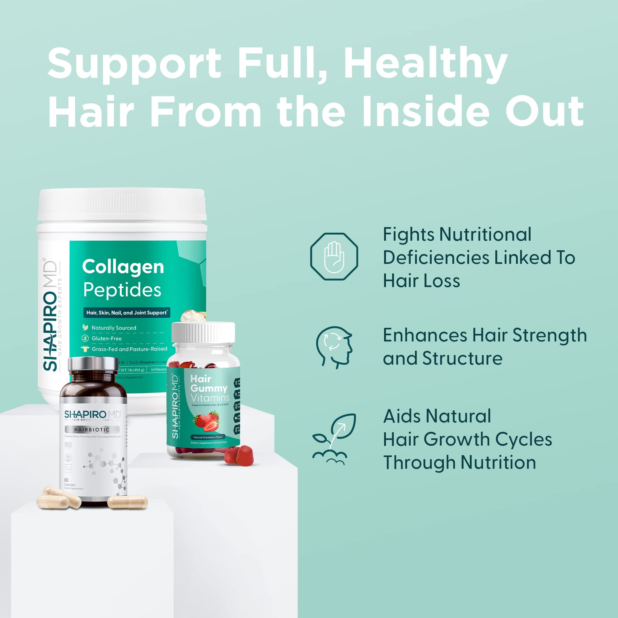 Inner Wellness Trio - Dietary Supplements for Full, Strong, Healthy Hair - Collagen Powder, Daily Vitamin, and Prebiotic Formula | Recommended by Dermatologist | Shapiro MD