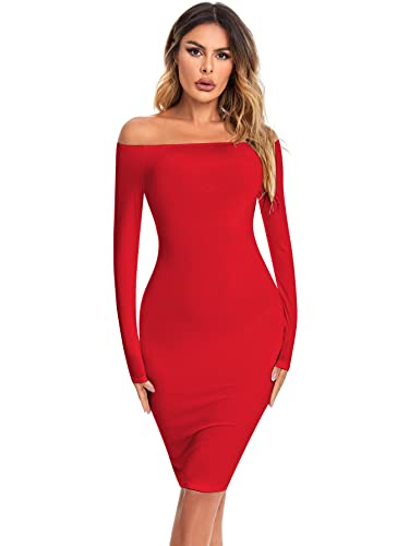 Verdusa Women's Basic Off Shoulder Long Sleeve Bodycon Short Dress Red S
