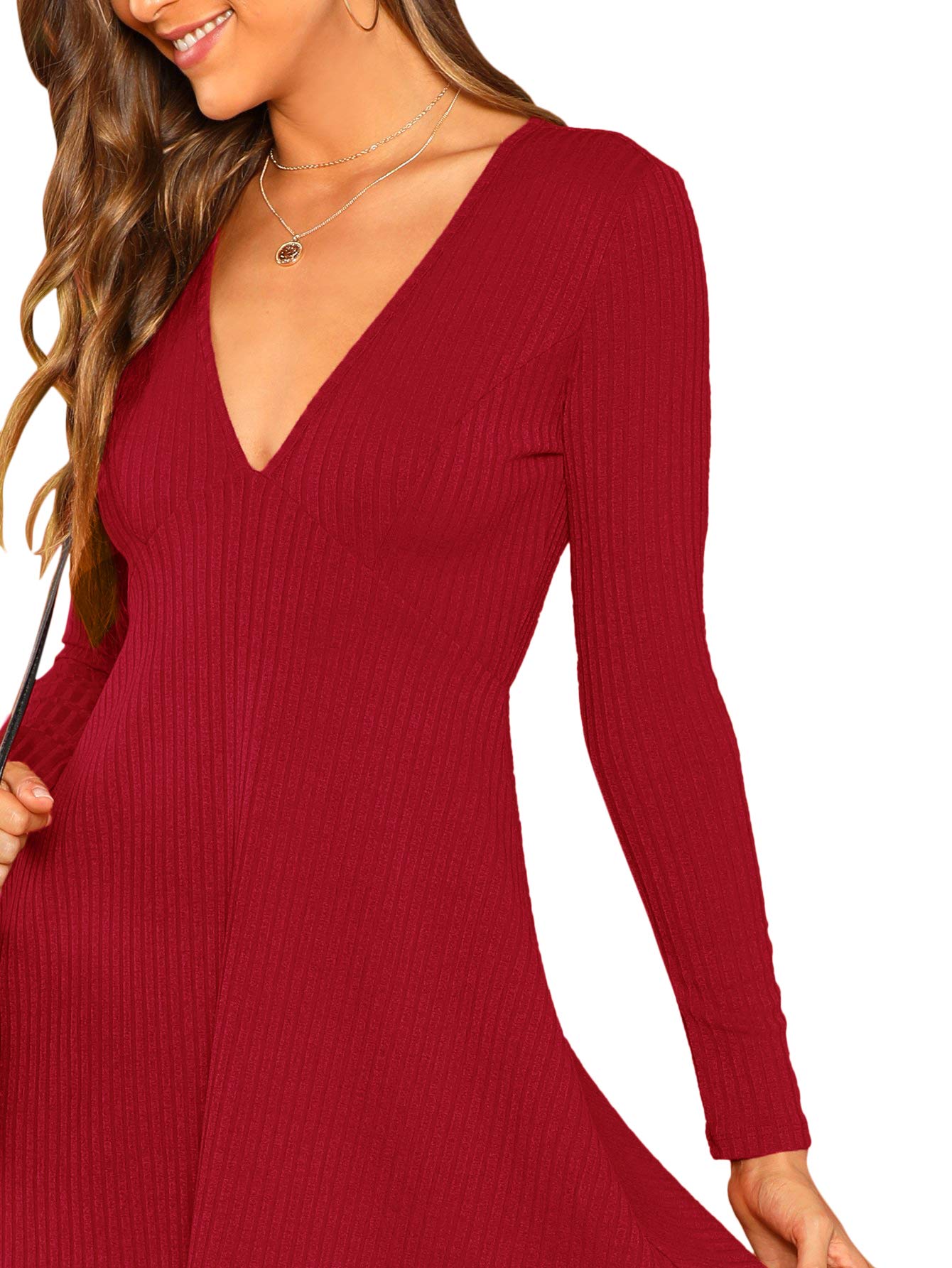 Verdusa Women's Elegant Deep V Neck Ribbed Long Sleeve Short Skater Dress Red S