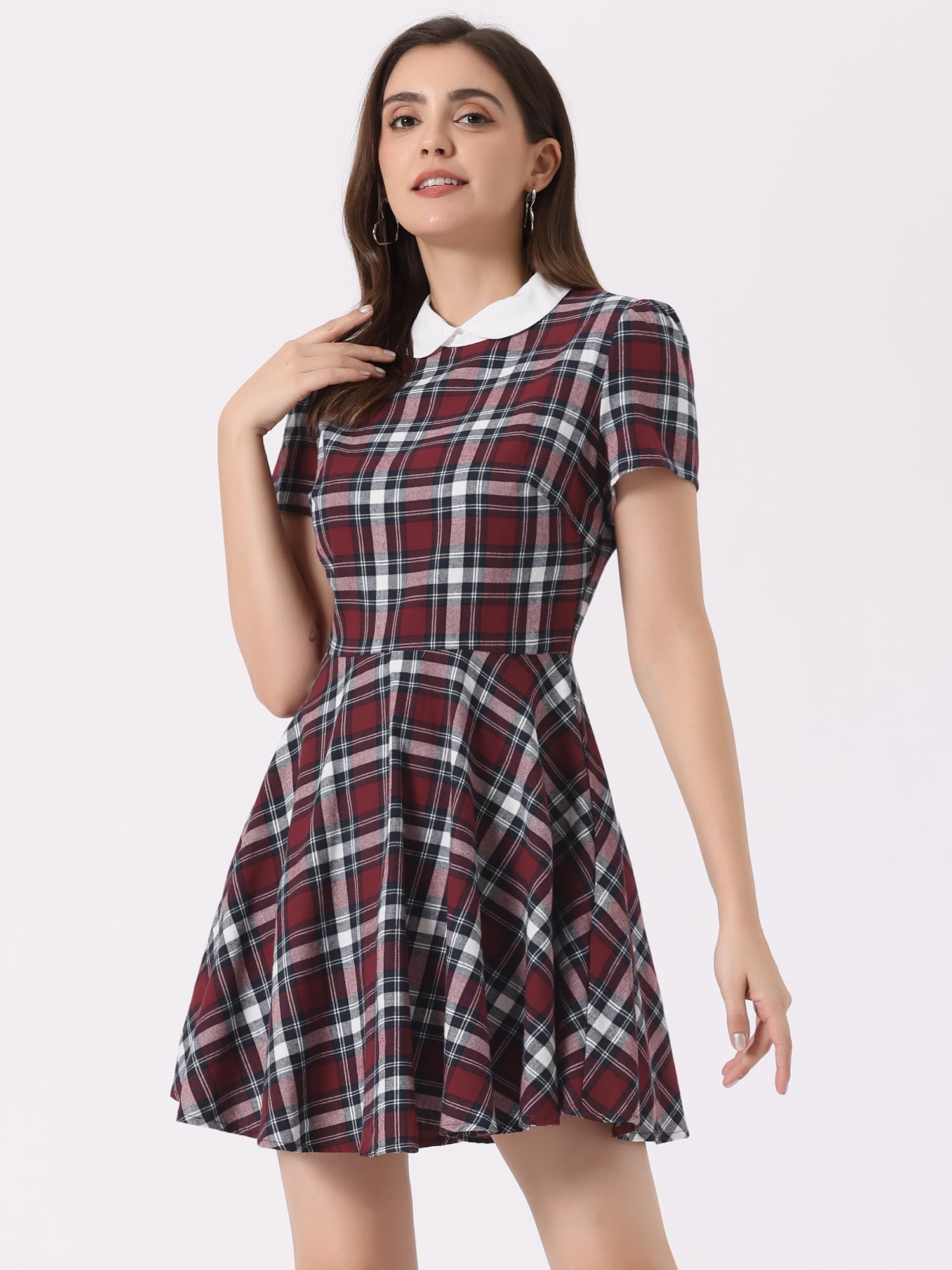 Allegra K Women Plaids Contrast Peter Pan Collar Puff Sleeves Above Knee Dress Medium Red White