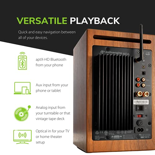 Audioengine HD6 150W Powered Bookshelf Stereo Speakers | Home Music System w/aptX HD Bluetooth, AUX Audio, Optical, RCA, 24-bit DAC (Walnut)
