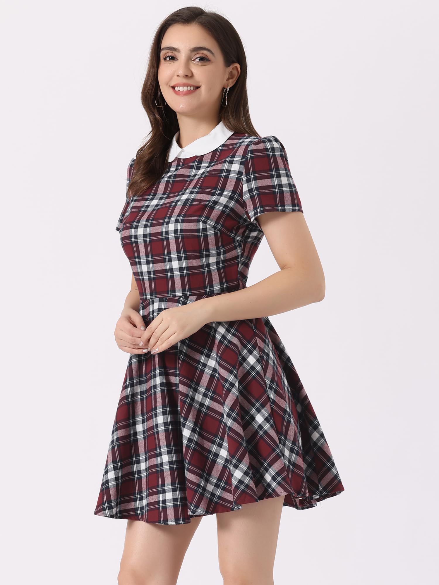Allegra K Women Plaids Contrast Peter Pan Collar Puff Sleeves Above Knee Dress Medium Red White