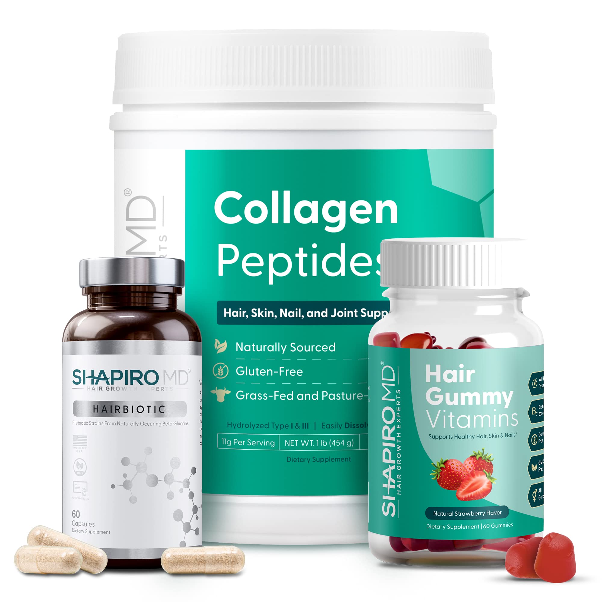 Inner Wellness Trio - Dietary Supplements for Full, Strong, Healthy Hair - Collagen Powder, Daily Vitamin, and Prebiotic Formula | Recommended by Dermatologist | Shapiro MD