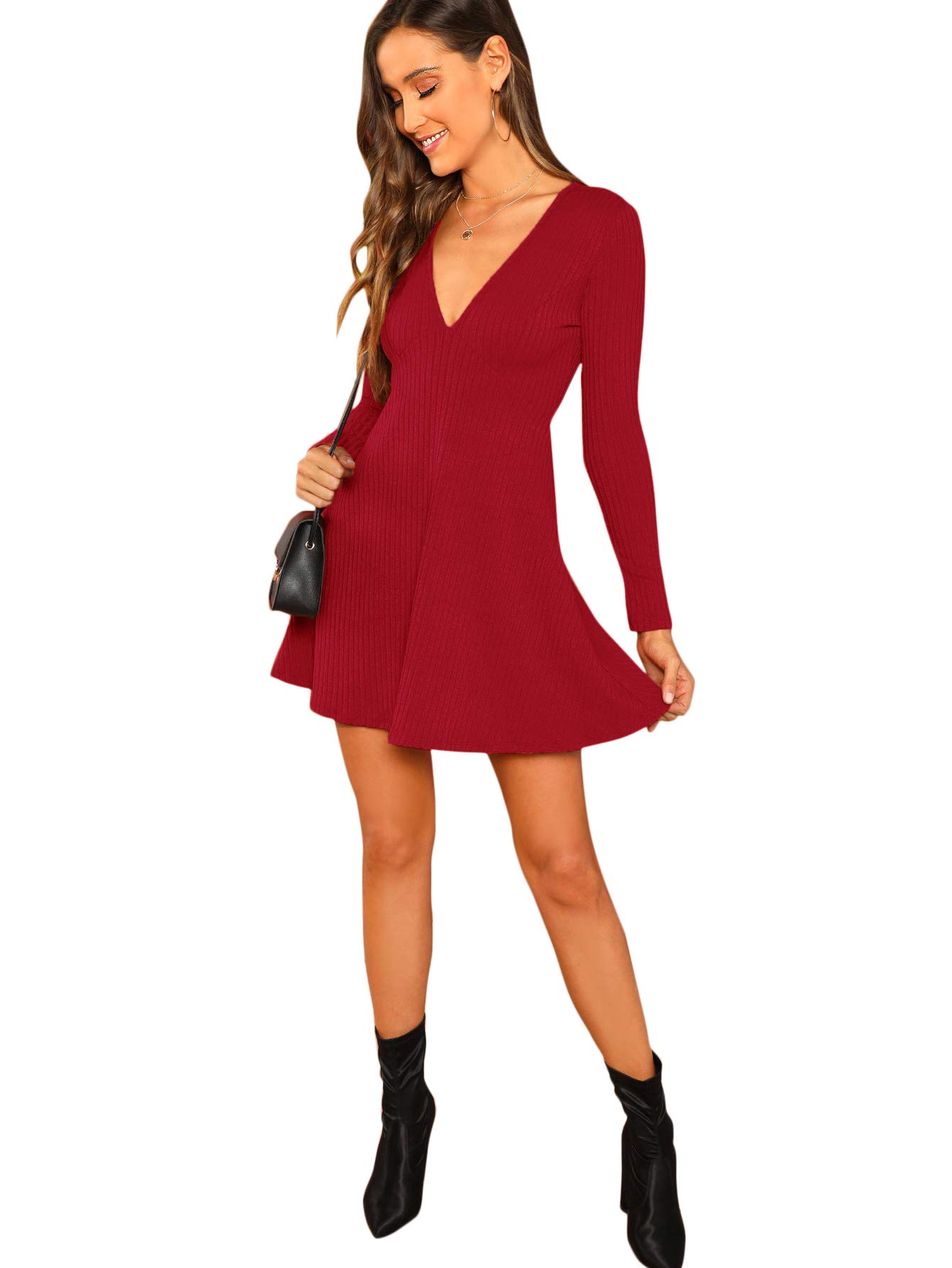Verdusa Women's Elegant Deep V Neck Ribbed Long Sleeve Short Skater Dress Red S